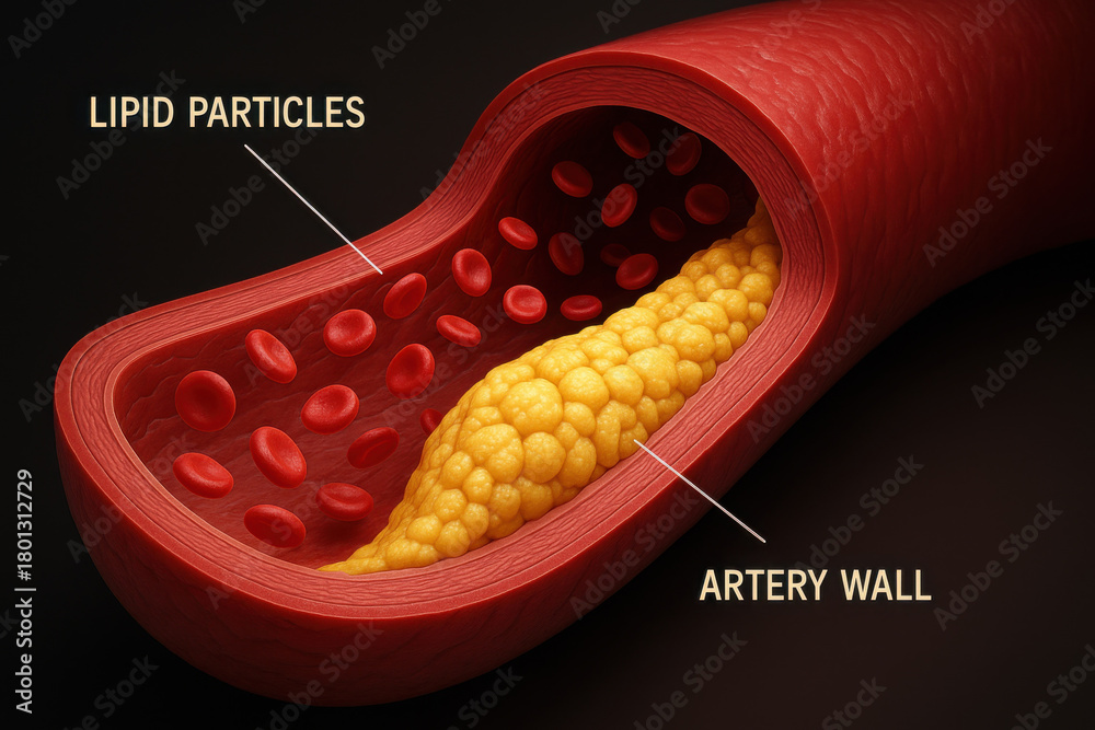Medical cross section of an artery showing buildup of yellow lipid ...