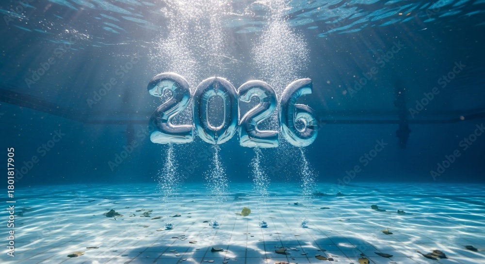 Silver balloon numbers 2026 float underwater in a swimming pool, with ...