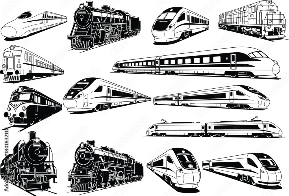 Vector collection of various train illustrations including vintage ...