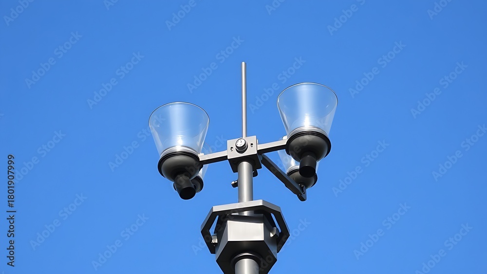 anemometer. Anemometer device with rotating cups against a clear sky ...
