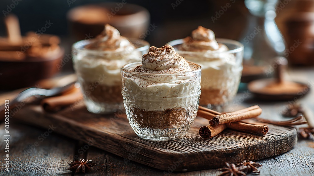 Rustic photo of homemade cinnamon mousse in vintage glass cups, placed ...