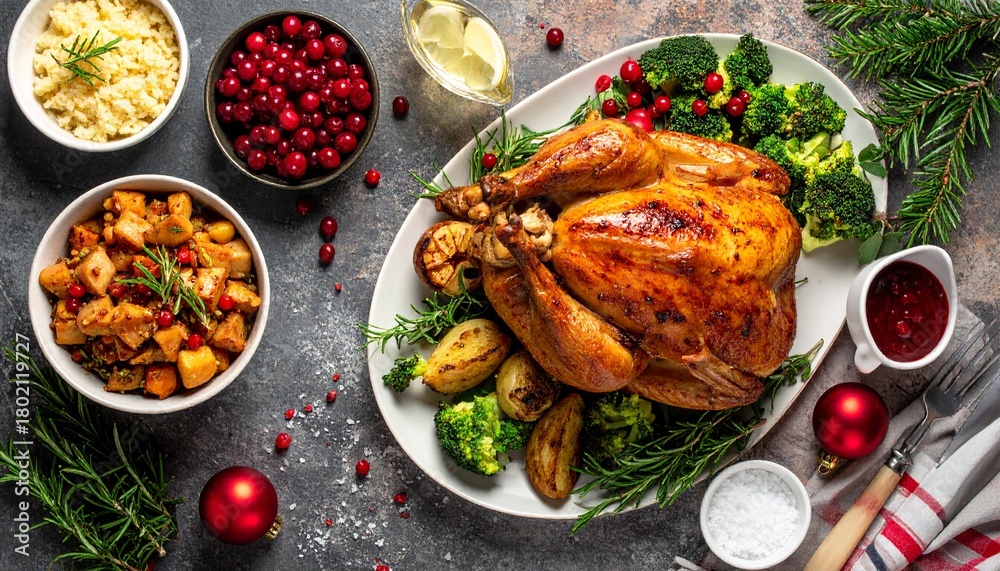 Photo Stock Delicious Thanksgiving dinner featuring roasted turkey with ...
