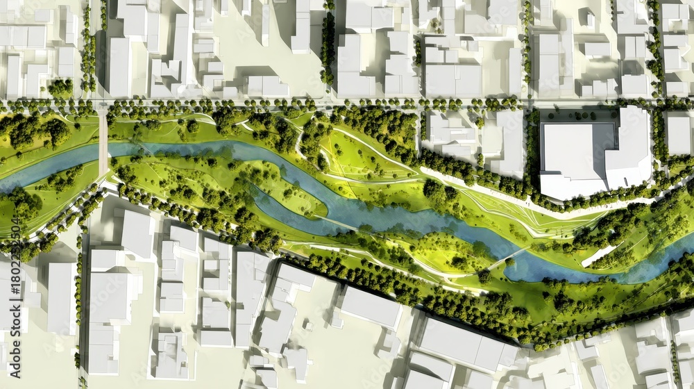 Top down architectural model of a city master plan with a winding river ...