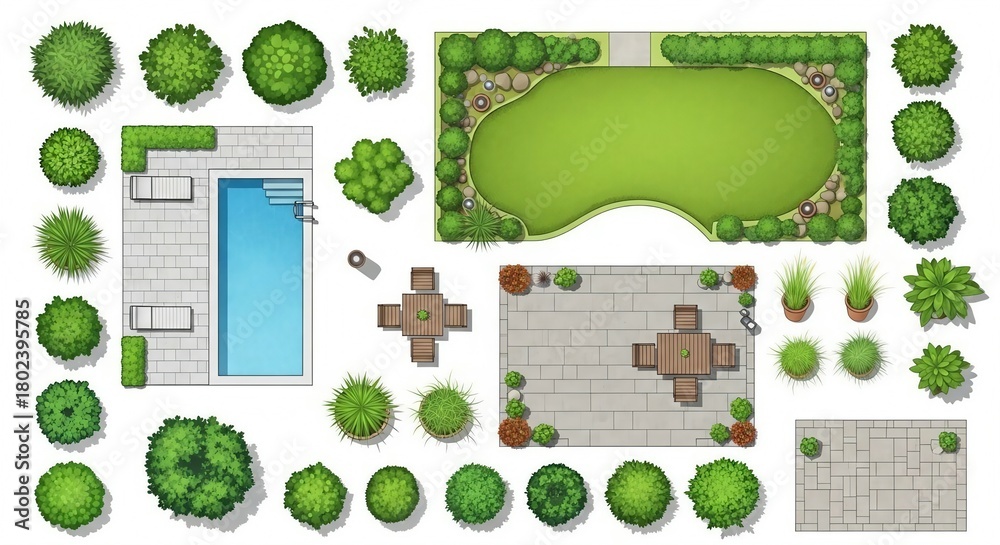 Top view of various landscape design elements isolated on white ...