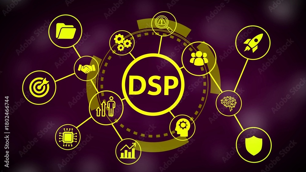 Digital Signal Processing DSP concept diagram with interconnected icons and central text in ...