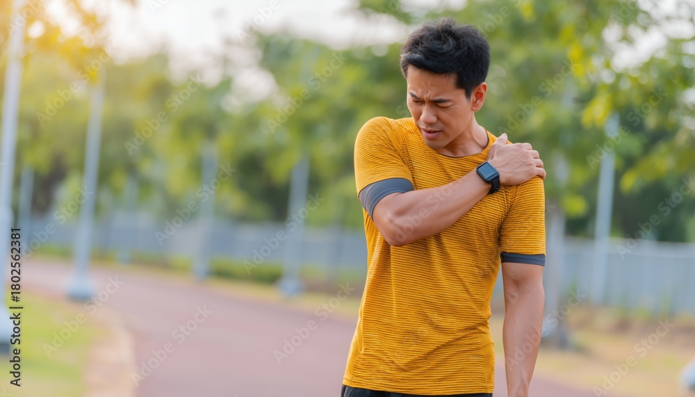 Asian Jogger Man Experiences Shoulder Pain And Neck Ache After Running ...