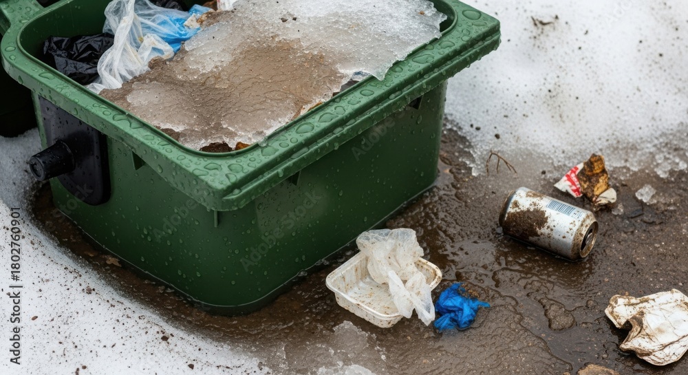 Overflowing trash can in winter, container sits amidst melting snow ...