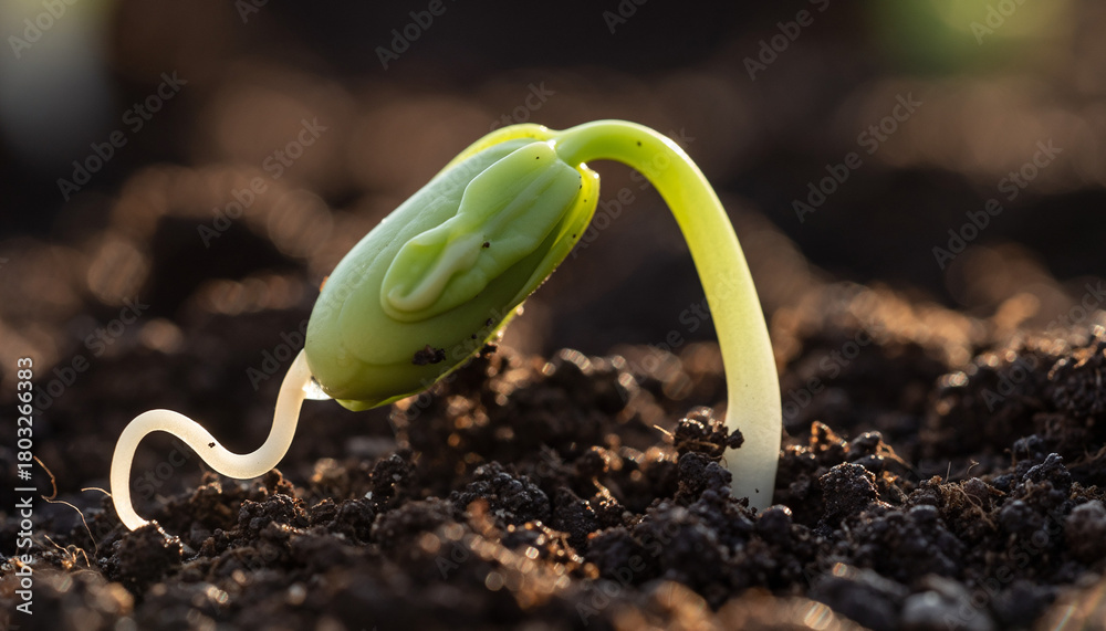 The Emerging Radicle. A green bean seed that has split open. A single ...