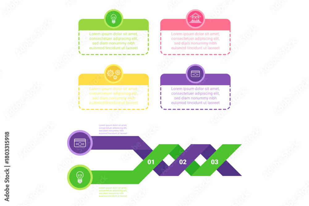 Infographic set presenting important concepts using colorful boxes and ...
