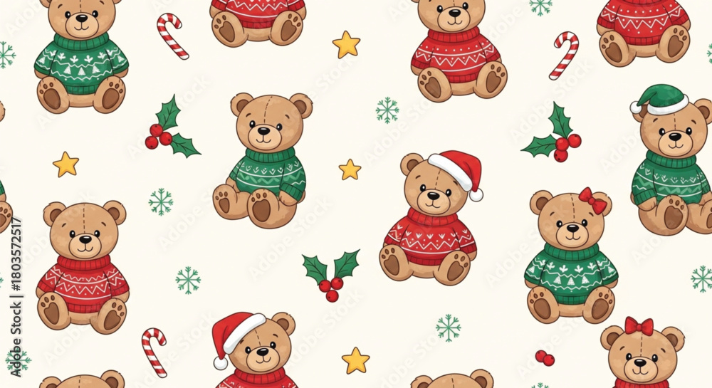 Cute Christmas Teddy Bear Seamless Pattern with Holiday Sweaters and ...