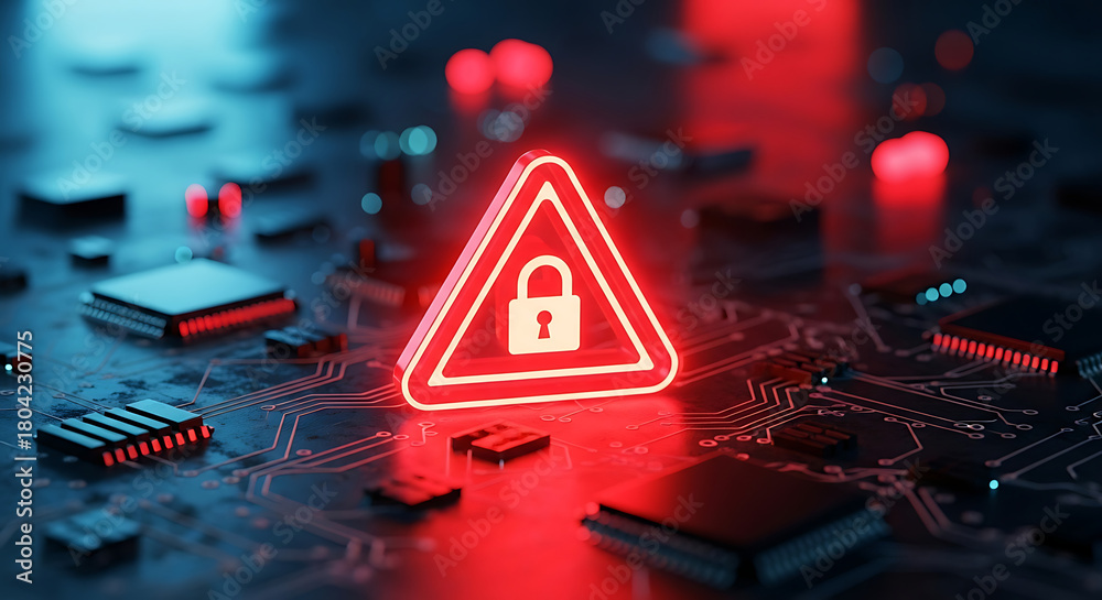 Cybersecurity breach concept showing a glowing red warning triangle ...