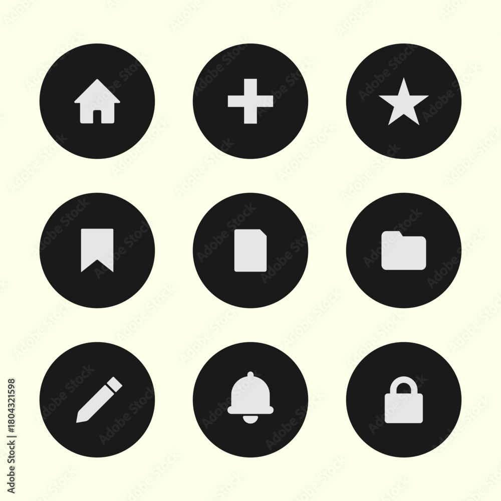 Round Minimal UI Icons. Minimal round buttos set. Home, Add, Star ...
