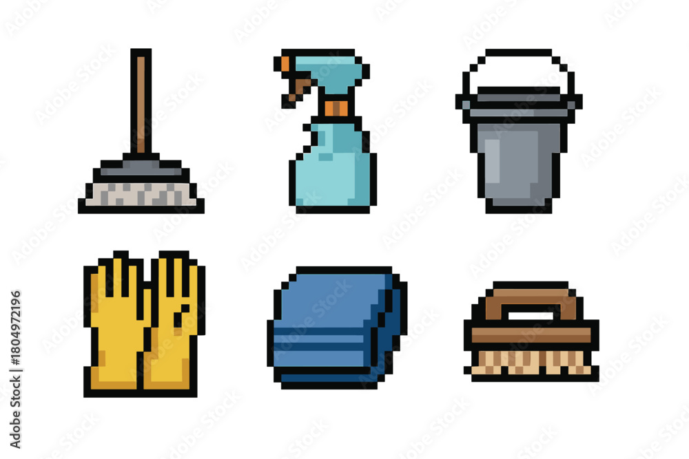Collection of pixel art cleaning supply icons, including a broom, spray ...