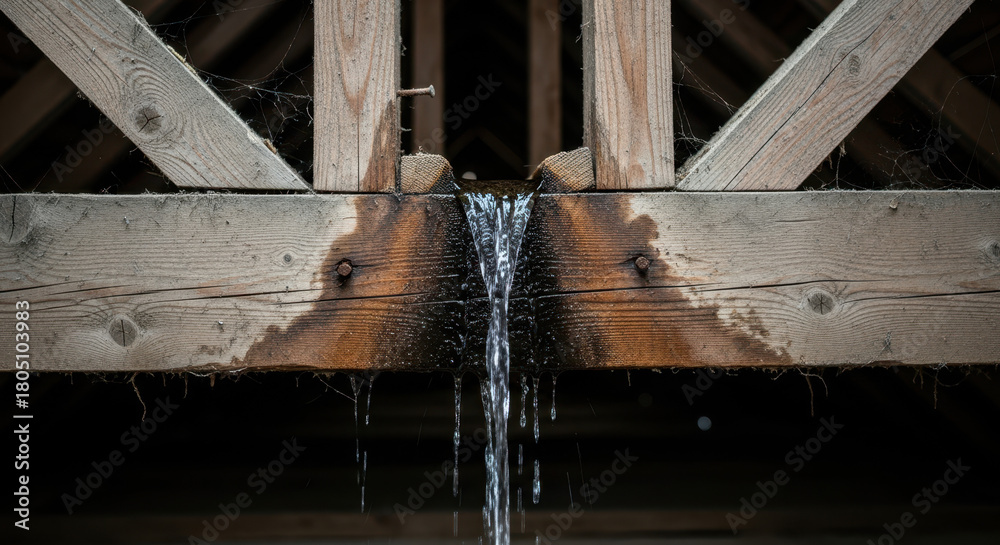Water leaking from damaged roof beams in attic with wooden framework ...