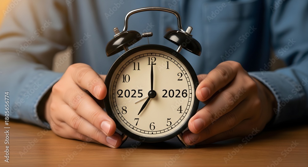 Alarm clock showing 2025 and 2026 in hands for financial planning ...