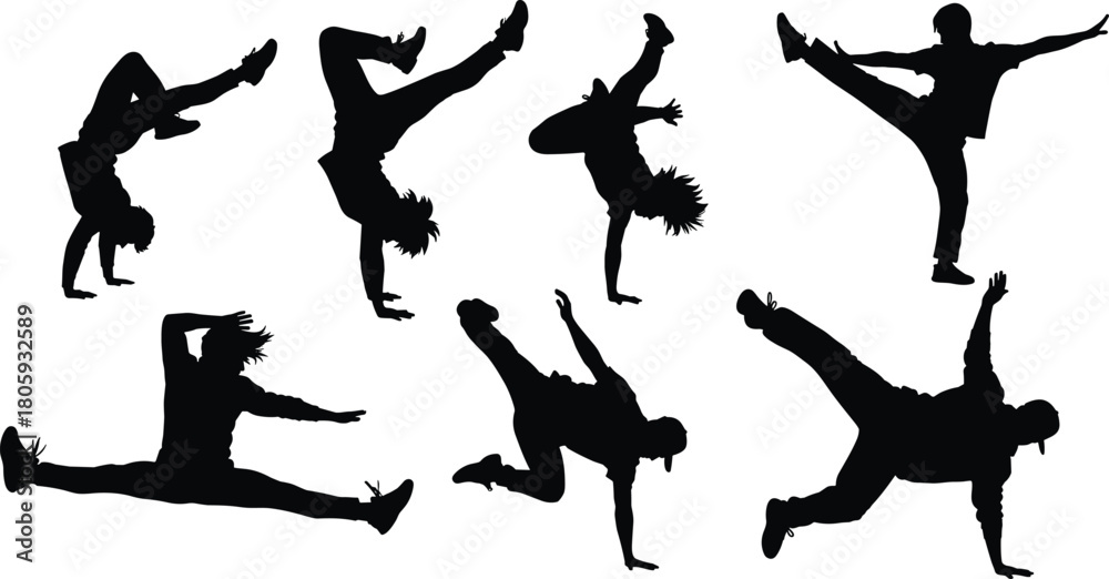 Breakdance silhouette collection, vector illustration set of b-boy ...