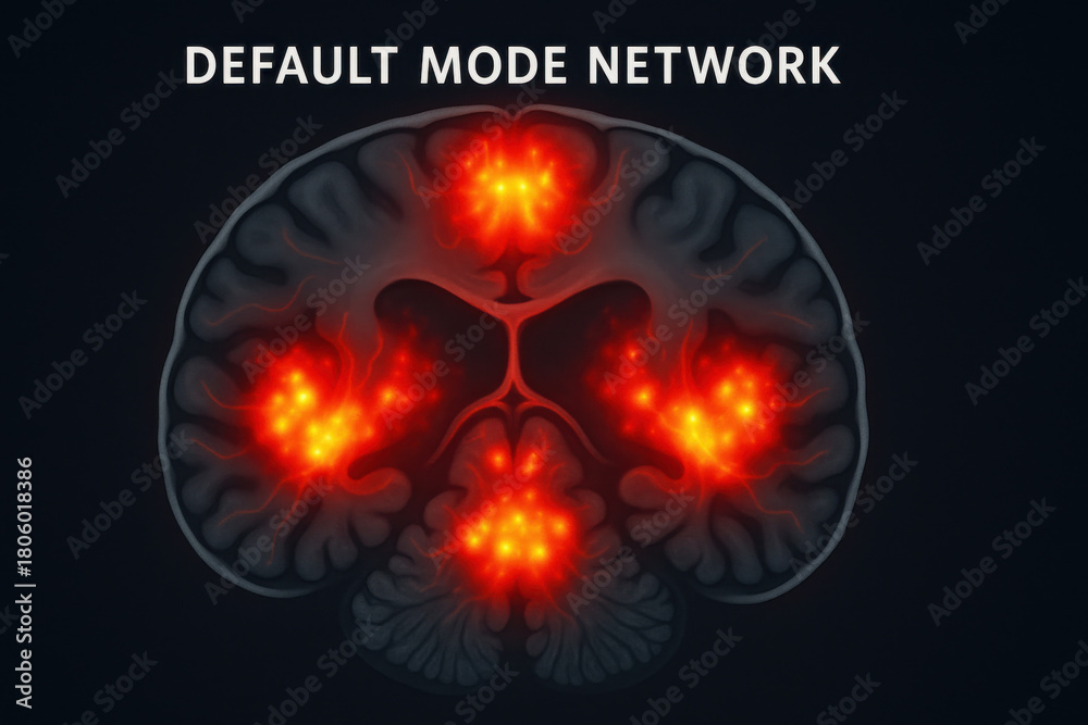 Glowing heat map brain scan with default mode network activation ...