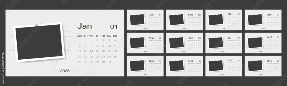 Photo frame 2026 calendar year template of 12 month horizontal pages ...