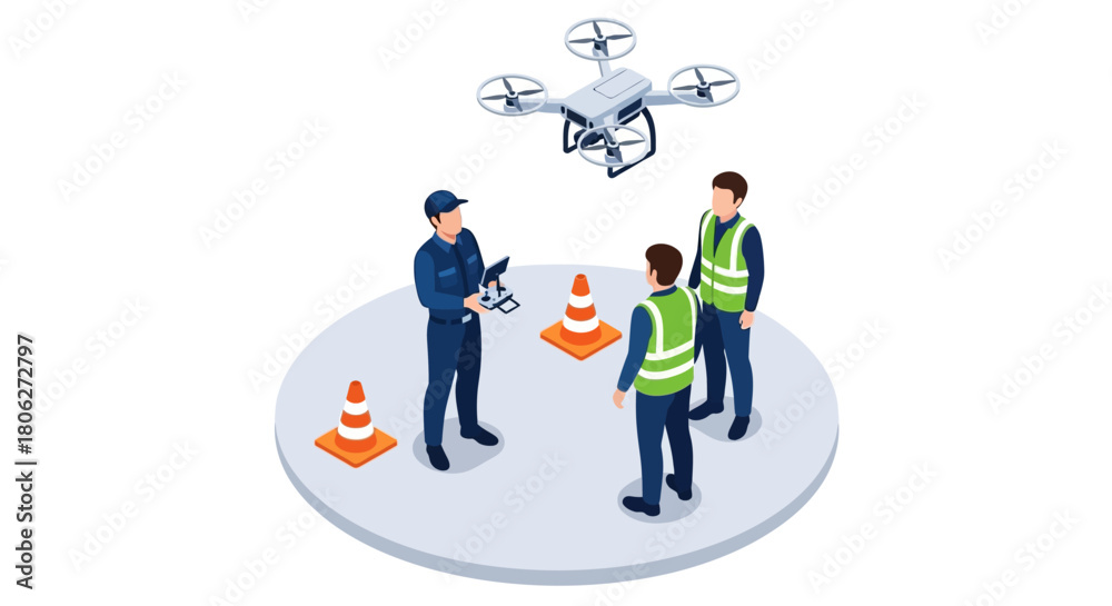 Isometric illustration of a drone pilot instructing two workers on ...