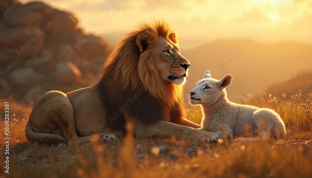 Lion rests near lamb on grassland with light. Metaphor portrays peace ...