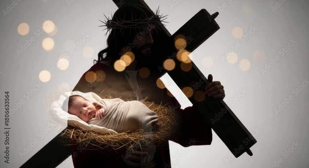Double exposure of an adult man carrying a cross and a baby resting in ...