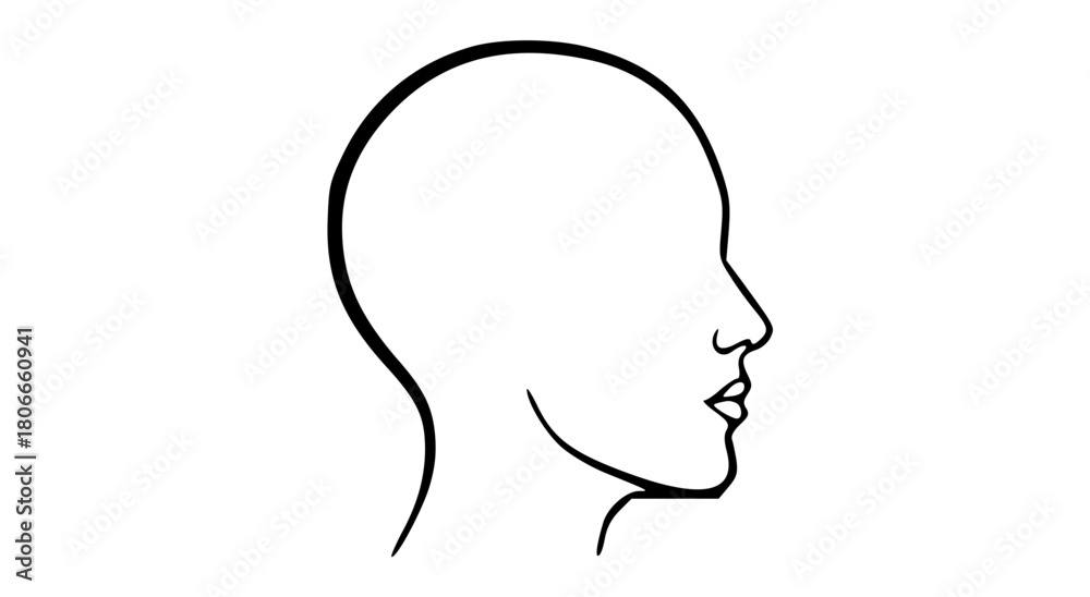 A simple black and white outline drawing of a human head in profile ...