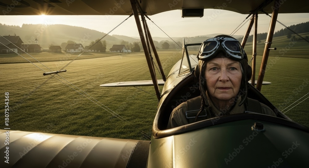 Mature woman pilot in vintage biplane cockpit on a green field with a ...