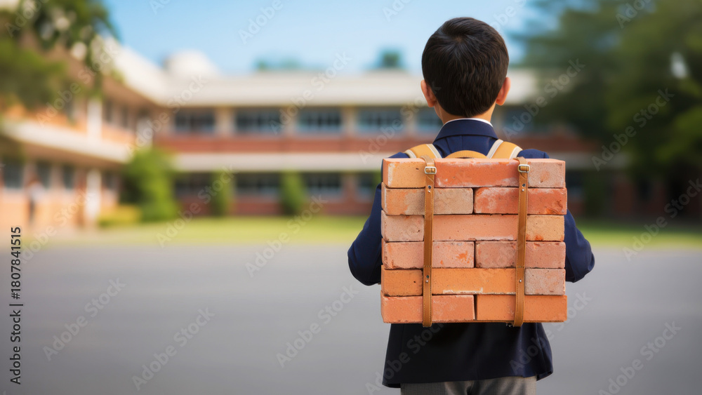 Schoolboy standing near school building with heavy brick backpack ...