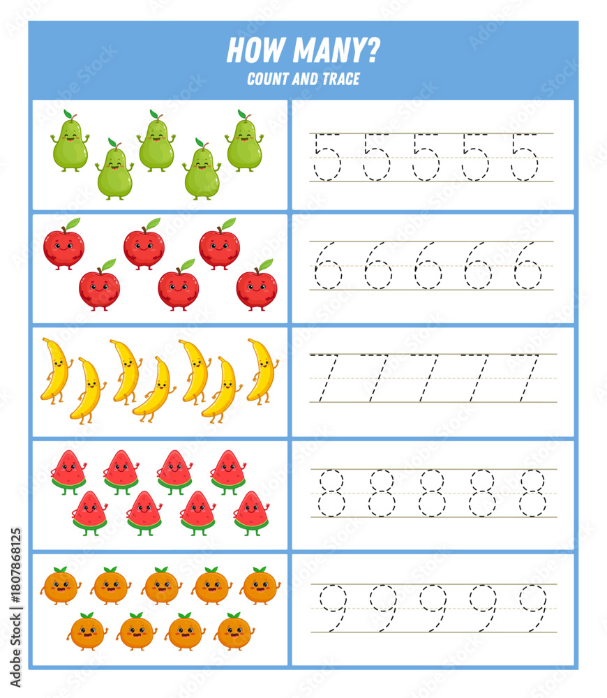 How Many fruits. Count and trace the numbers worksheet. Activity page ...