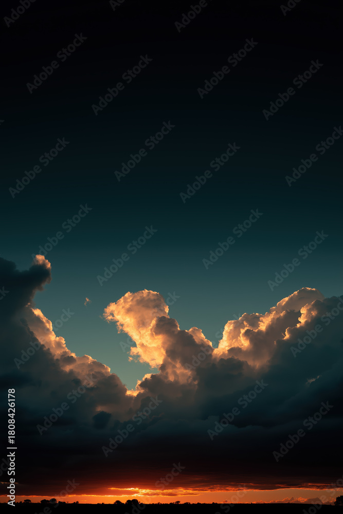 Rim-lit towering cloud pillars on either side of a glowing horizon with ...