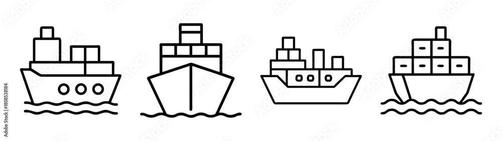 Four line art icons of cargo ships for global logistics and trade の ...