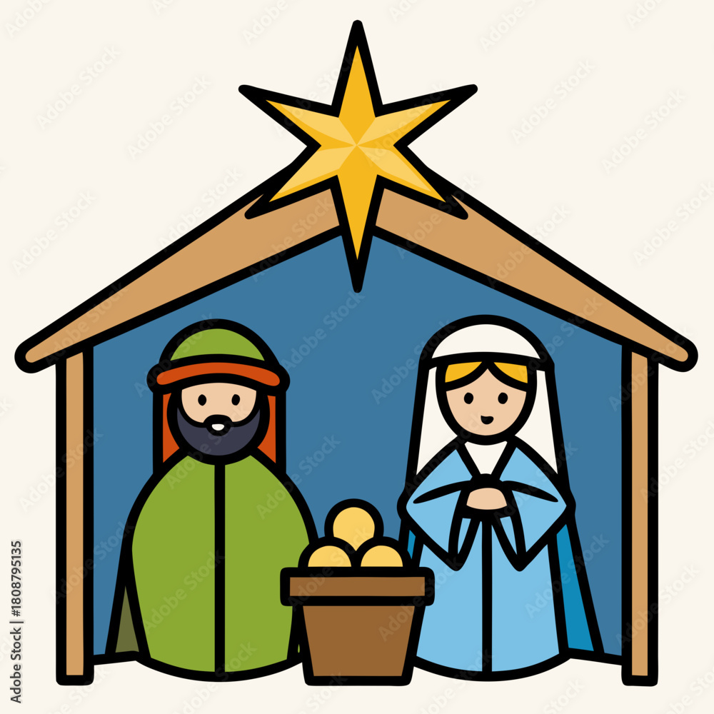 Simple cartoon nativity scene with mary joseph and a manger Stock ...