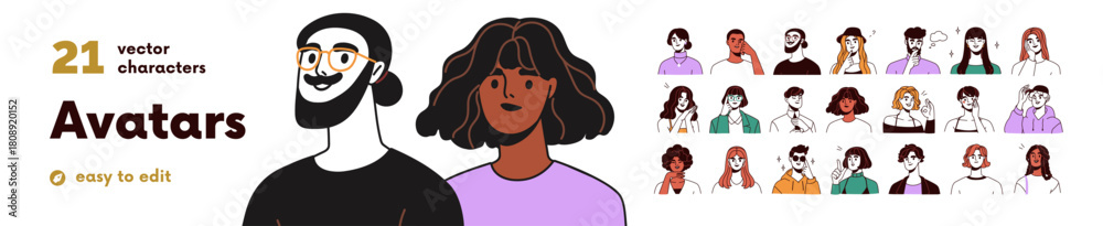 Young men and women avatars set. Happy thoughtful people, smiling girls ...