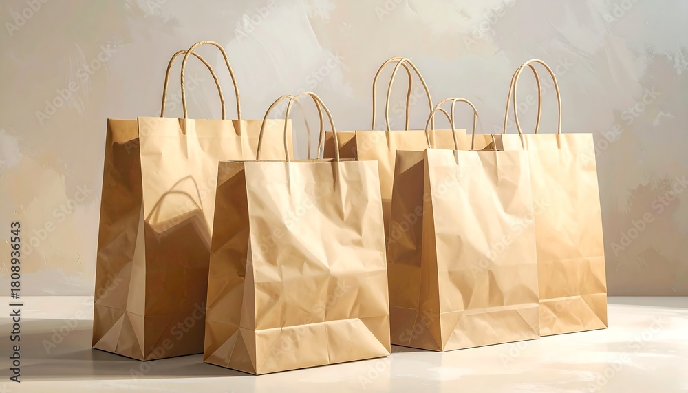 Group of tan paper shopping bags, some standing and some slightly ...