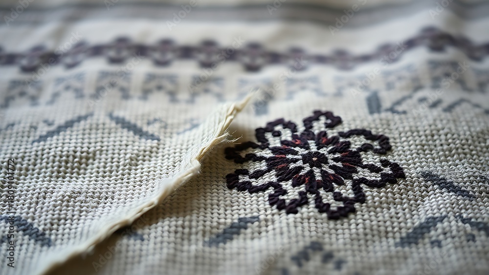 unraveled. A fading traditional textile pattern on rough fabric ...