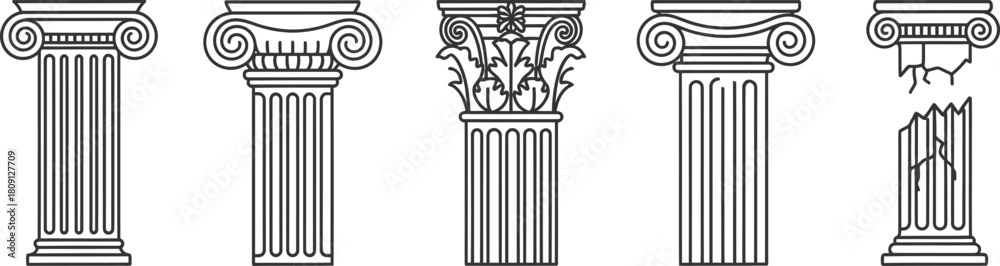 Five architectural columns in a row, showcasing different styles and ...