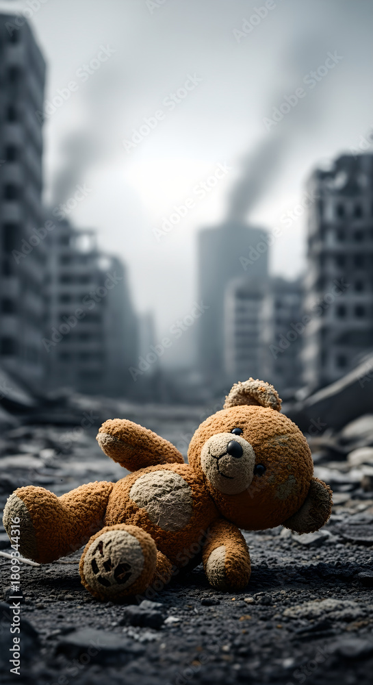 Teddy bear lying abandoned on rubble in post-apocalyptic city. Ruined ...