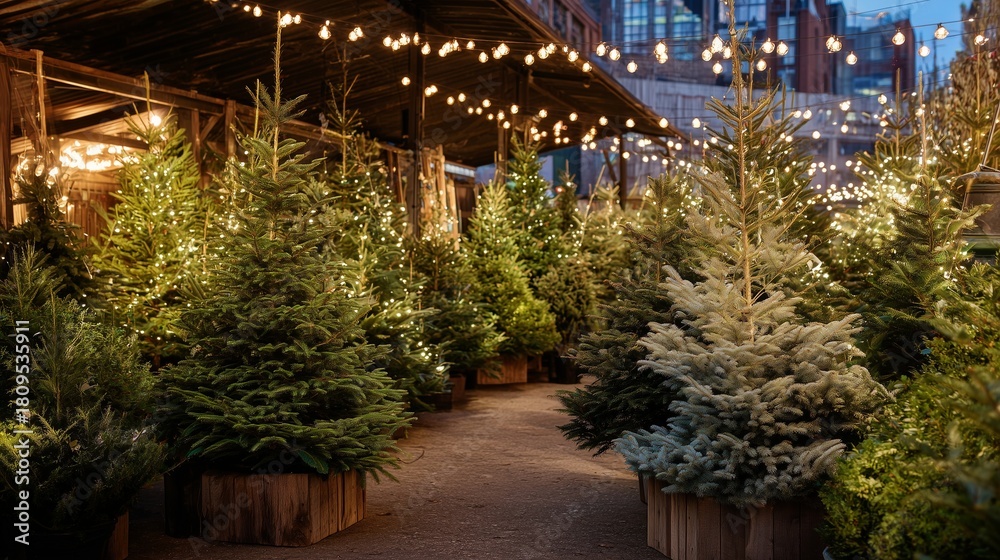 Christmas tree market with festive light, tree in pot, and holiday ...