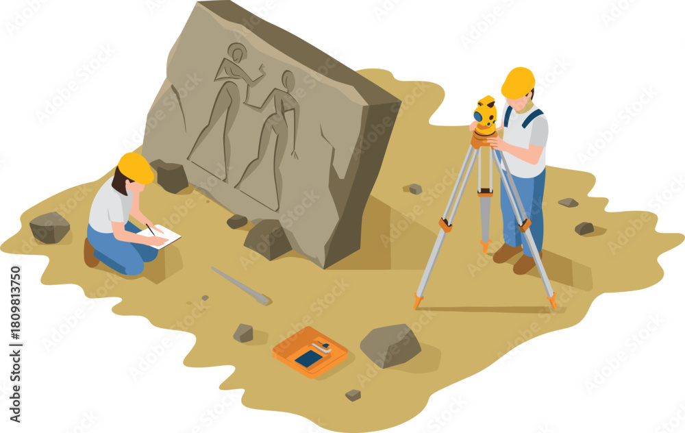 Isometric illustration of archaeologists excavating fossils and using ...