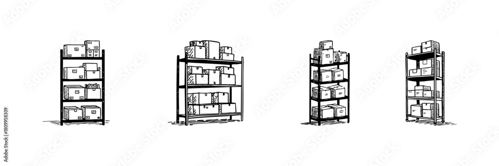 Warehouse Shelving Units Doodle Sketch Set. Storage Organization And ...