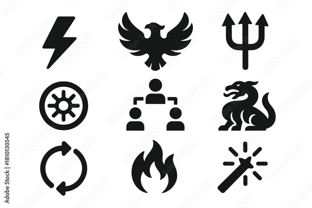 Mythology Icons Collection. Solid style icons of mythological symbols ...