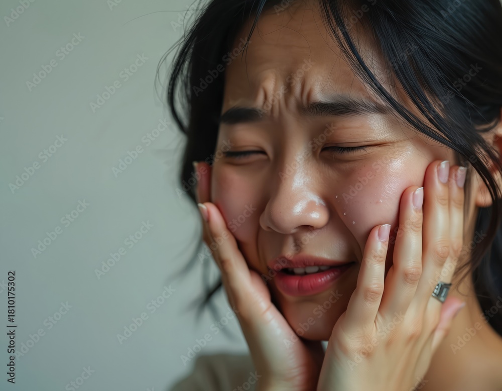 Young asian woman crying, tears rolling down her face. She holds her ...