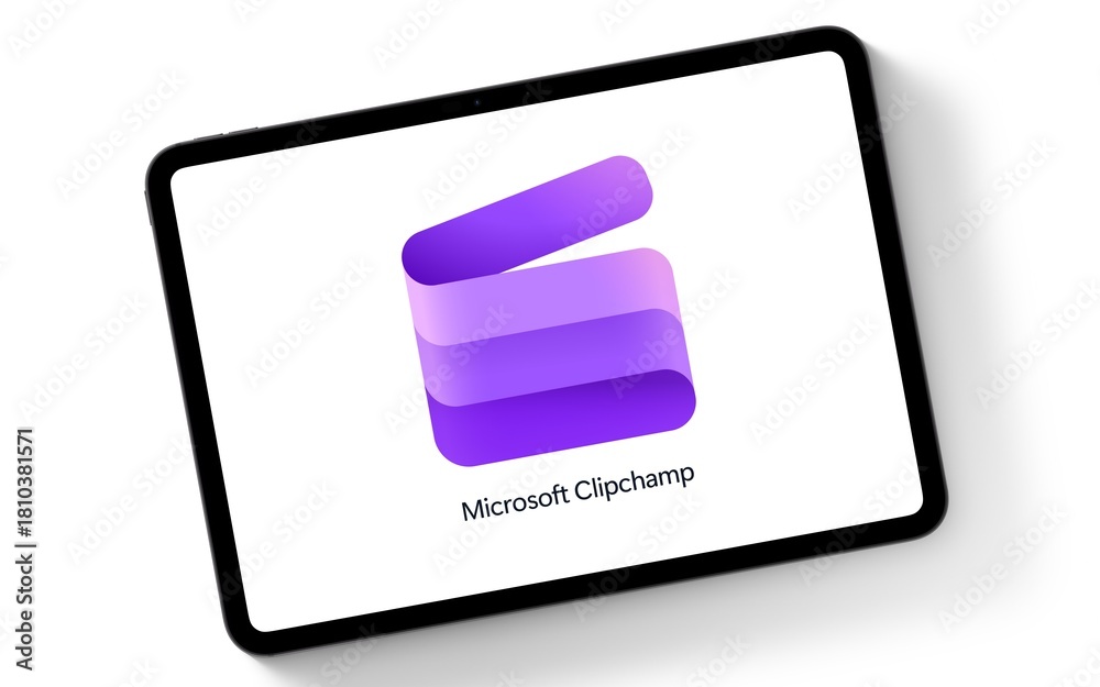 Clipchamp logo displayed on a modern tablet computer, new 2025 logo ...