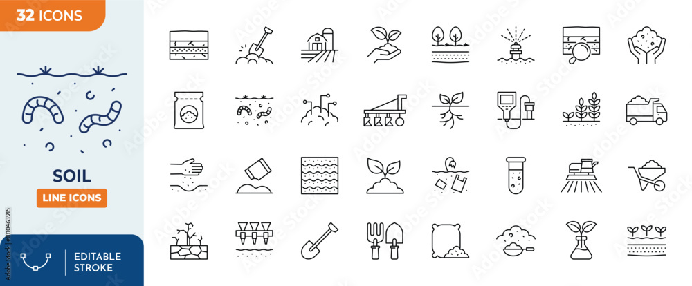 Soil line editable icon set. Contain icons related to Soil, ground ...