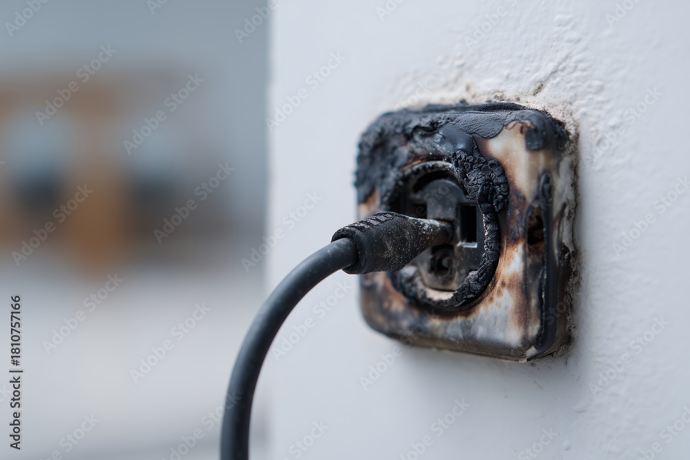 Burnt electrical outlet with charred edges and blackened cable plugged ...