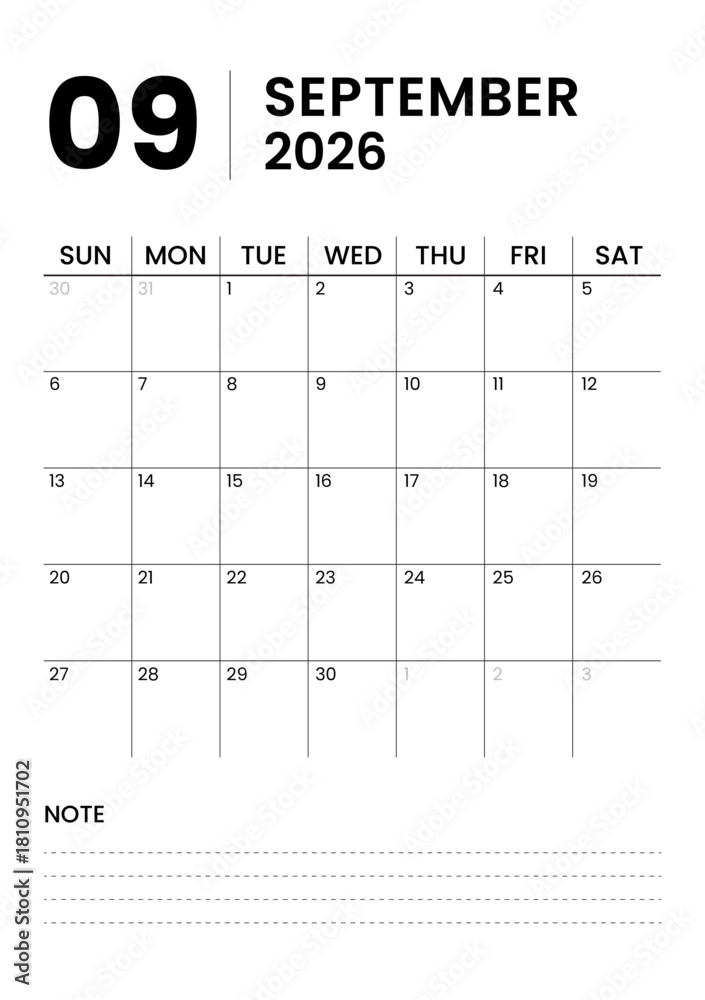 เวกเตอร์ Stock Minimalist Monthly Calendar Template for September 2026 ...