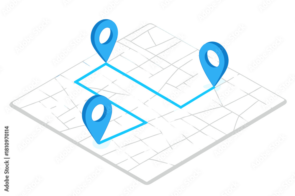 Isometric map grid showing a planned route connecting three distinct ...