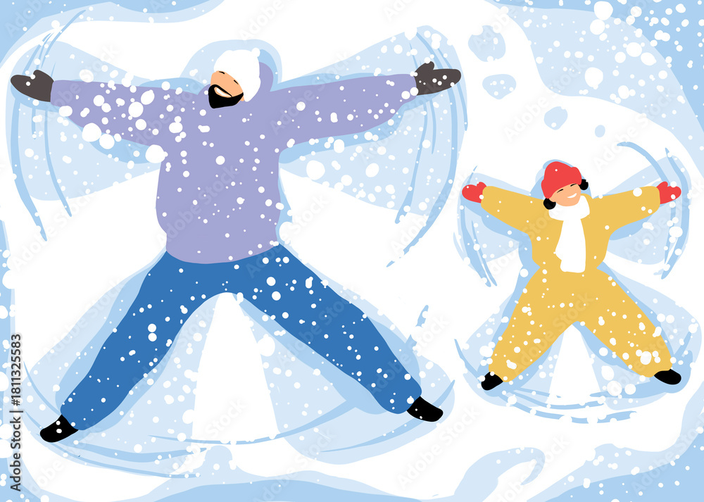 Family making snow angels outdoors in winter illustration Stock ...