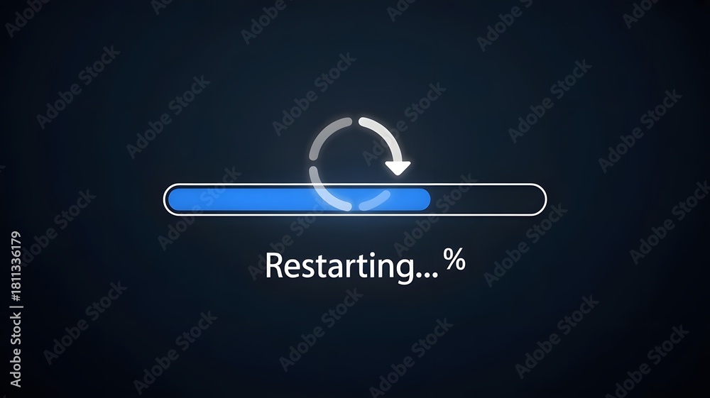 Restarting screen with loading progress bar on black background ...