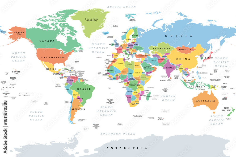 Countries of the world, multi colored political map, with international ...